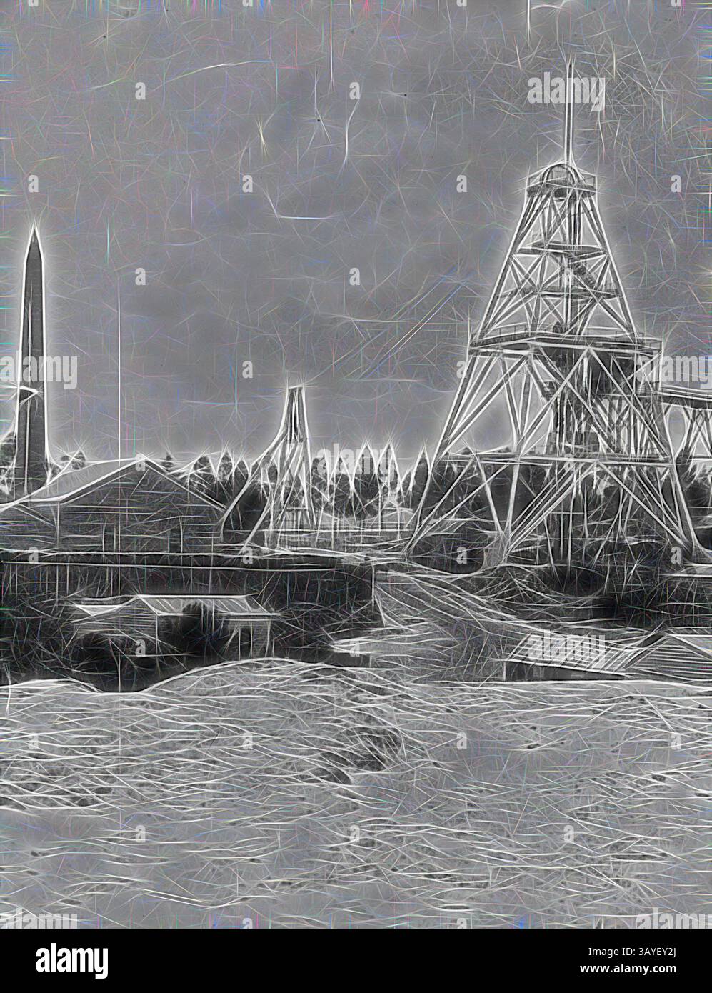 A stark, stylized landscape featuring a towering structure resembling ...