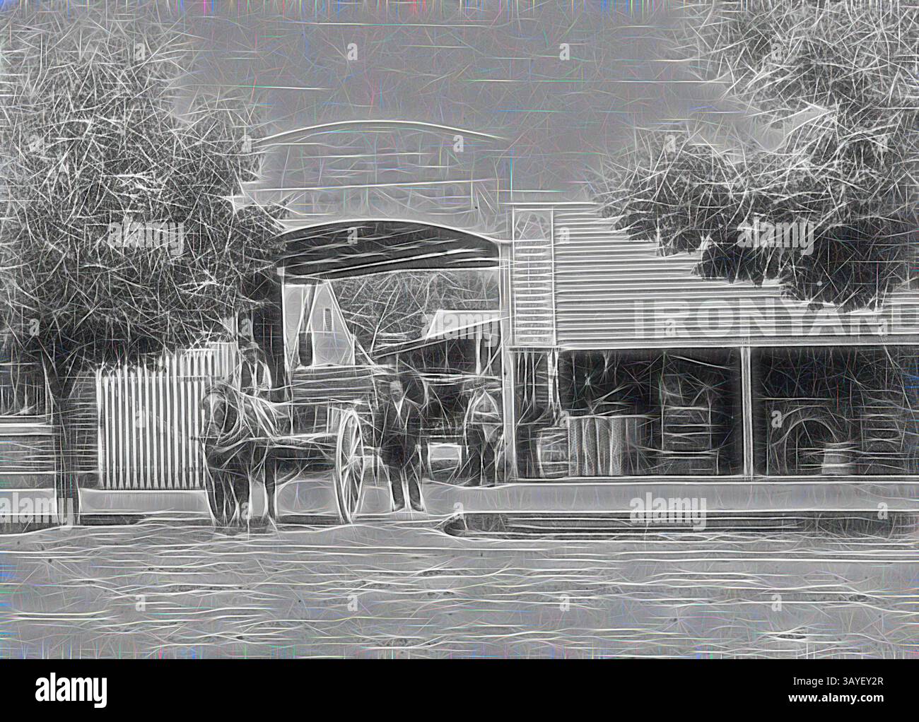 A rustic scene featuring a horse-drawn wagon beside a vintage-looking ...