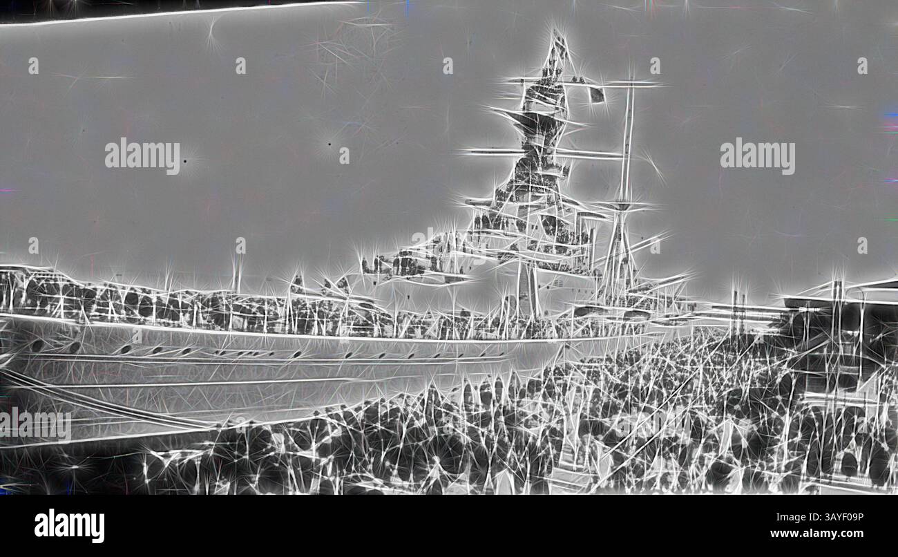 A stylized representation of a ship docked in a busy harbor, surrounded ...