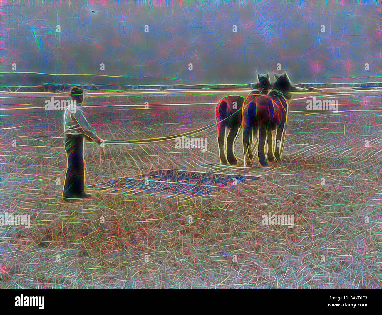 A figure stands on a vast, textured landscape holding a rope connected ...