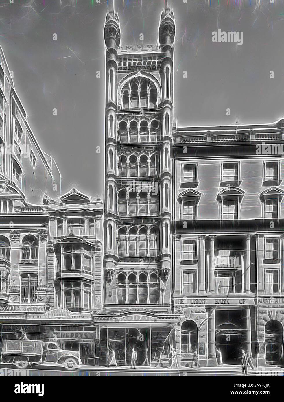 A striking architectural scene featuring a tall, ornate building with ...