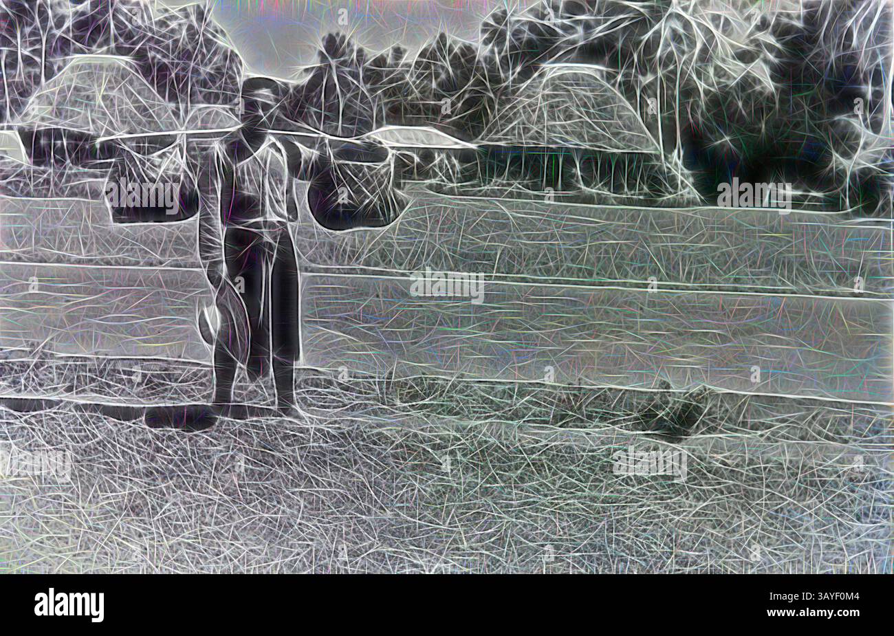 A person stands by a water body, balancing baskets on either side ...