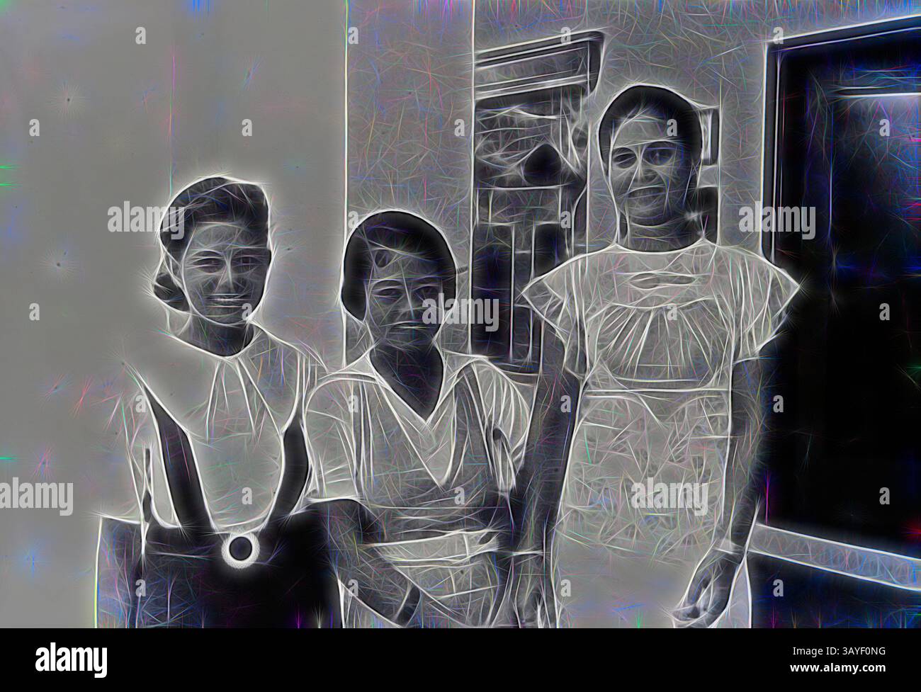 Three women stand together, each displaying a unique expression. They ...