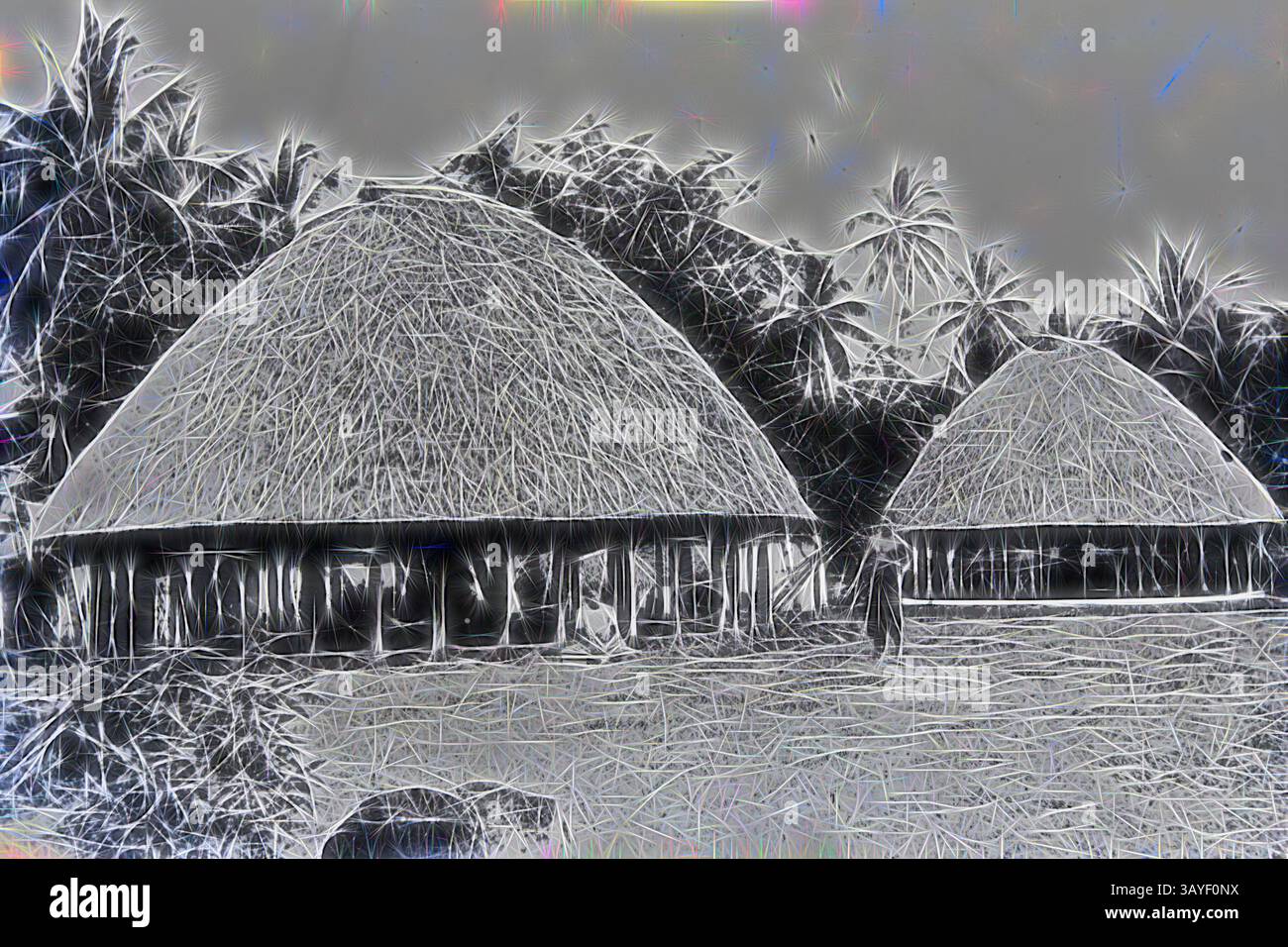 Two traditional thatched-roof huts are nestled among lush tropical ...