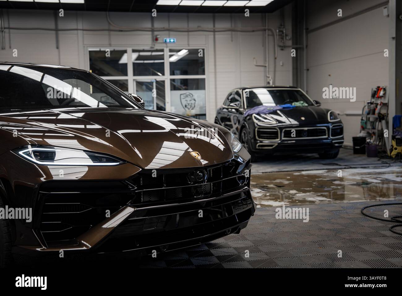 Close Up of Brown Lamborghini Urus and Black Porsche Macan Indoors ...