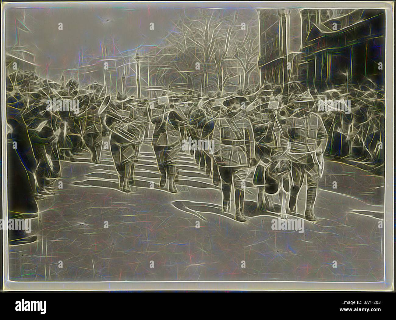 A large group of soldiers, marching in formation, fills a street lined ...