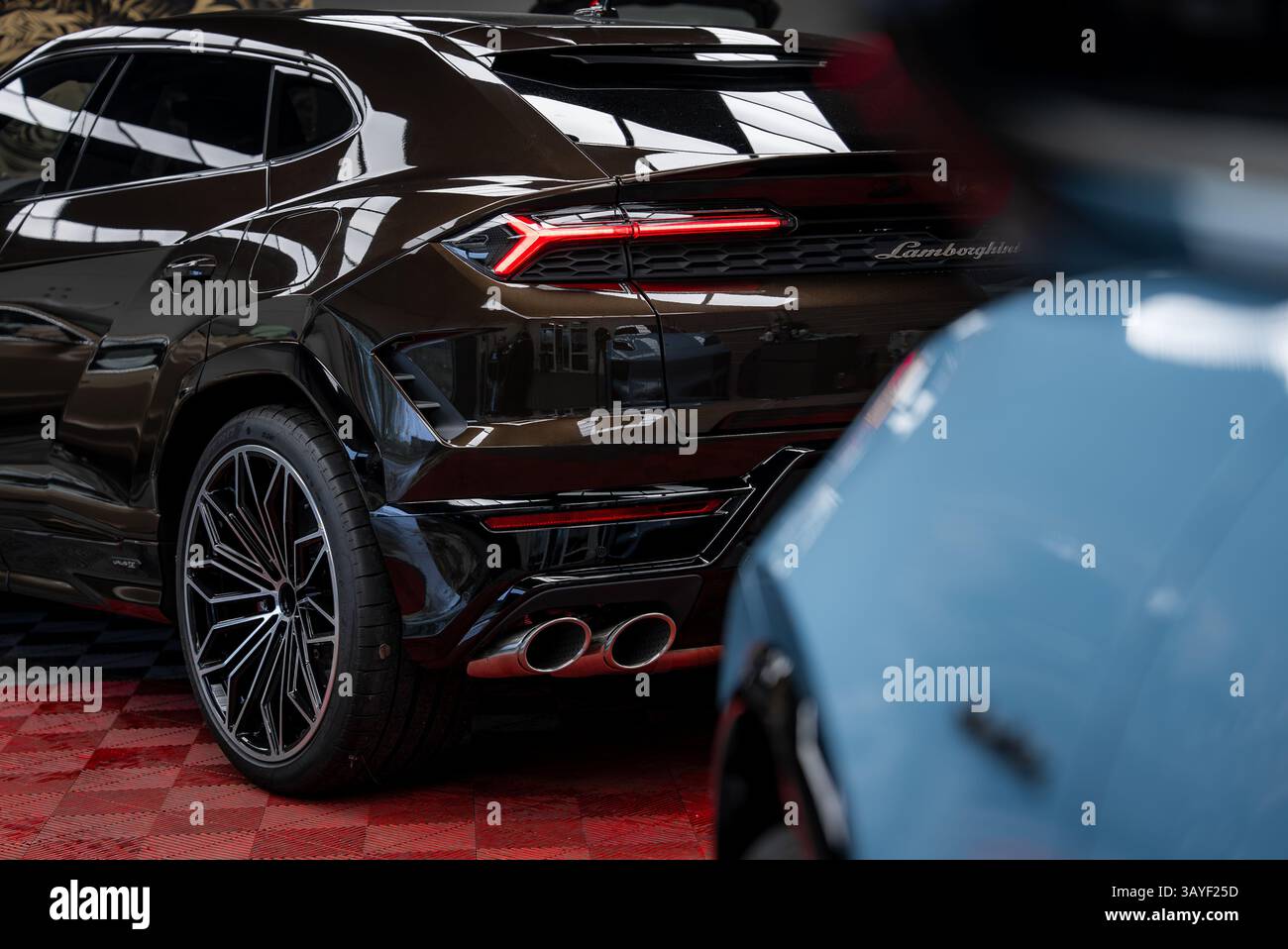 Close Up of Black Lamborghini Urus Rear in Indoor Showroom Setting ...