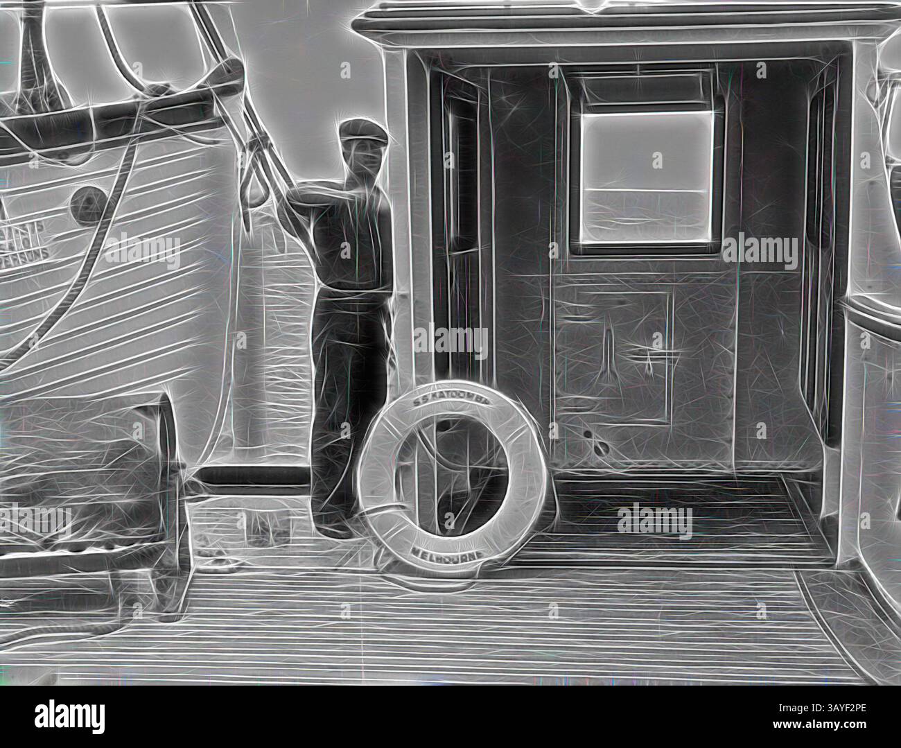 A sailor stands beside a lifebuoy on the deck of a boat, with the open ...