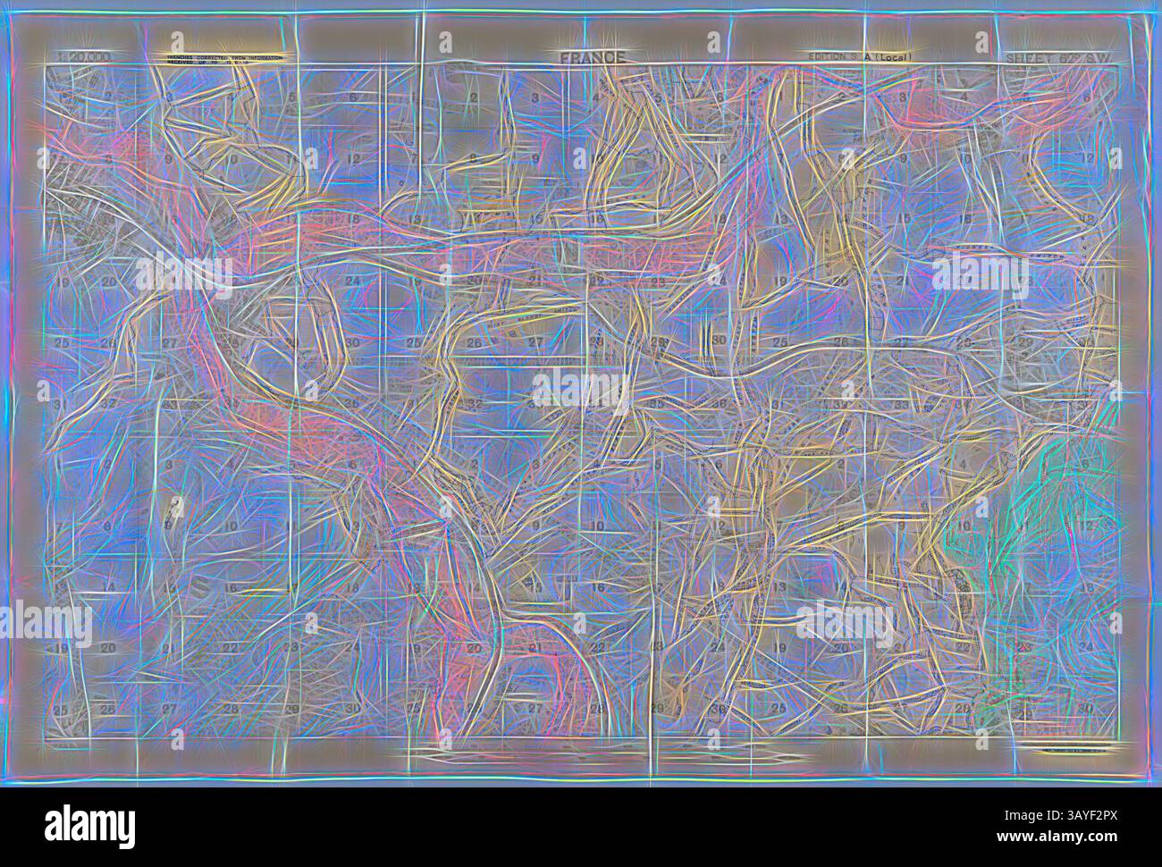 A stylized map of France featuring intricate lines and colorful ...