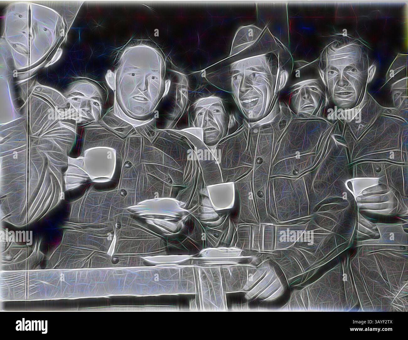 A group of soldiers gathers around, smiling and holding cups while enjoying a moment of ...