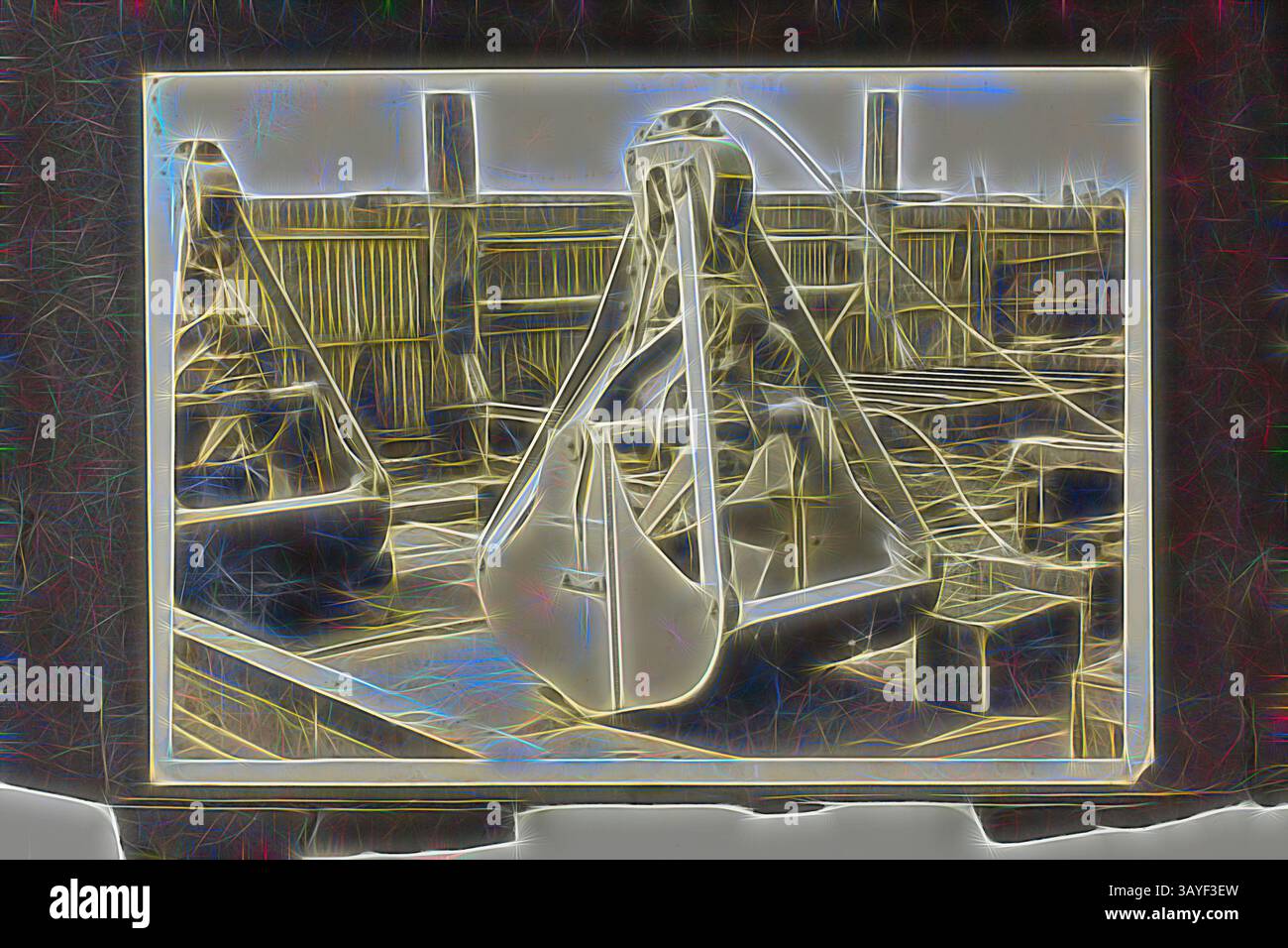 Two large, abstract structures resembling cranes or hoists dominate the ...