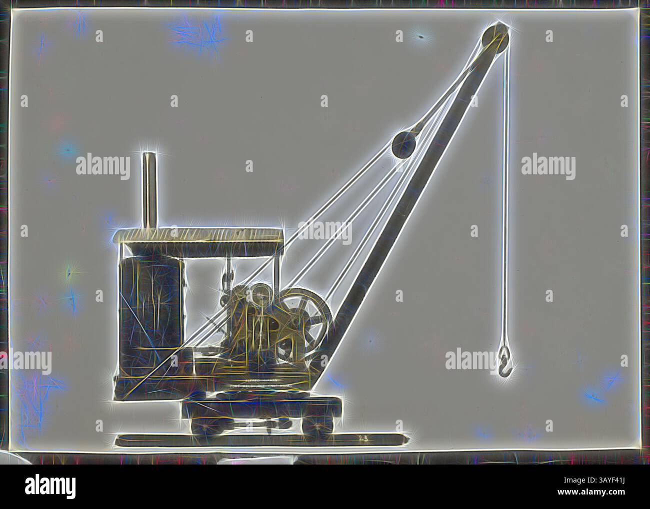 A vintage crane stands prominently, showcasing its intricate gears and ...