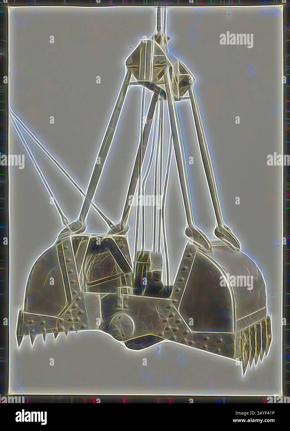 A detailed illustration of a mechanical claw, designed for lifting and ...