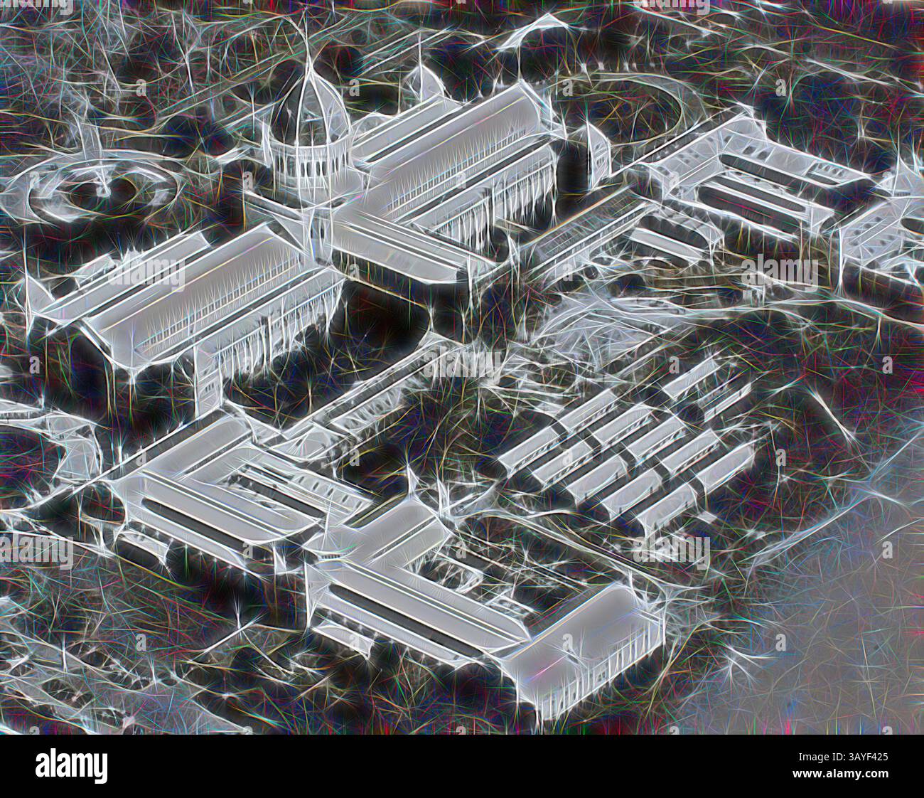 An abstract representation of a sprawling architectural complex ...