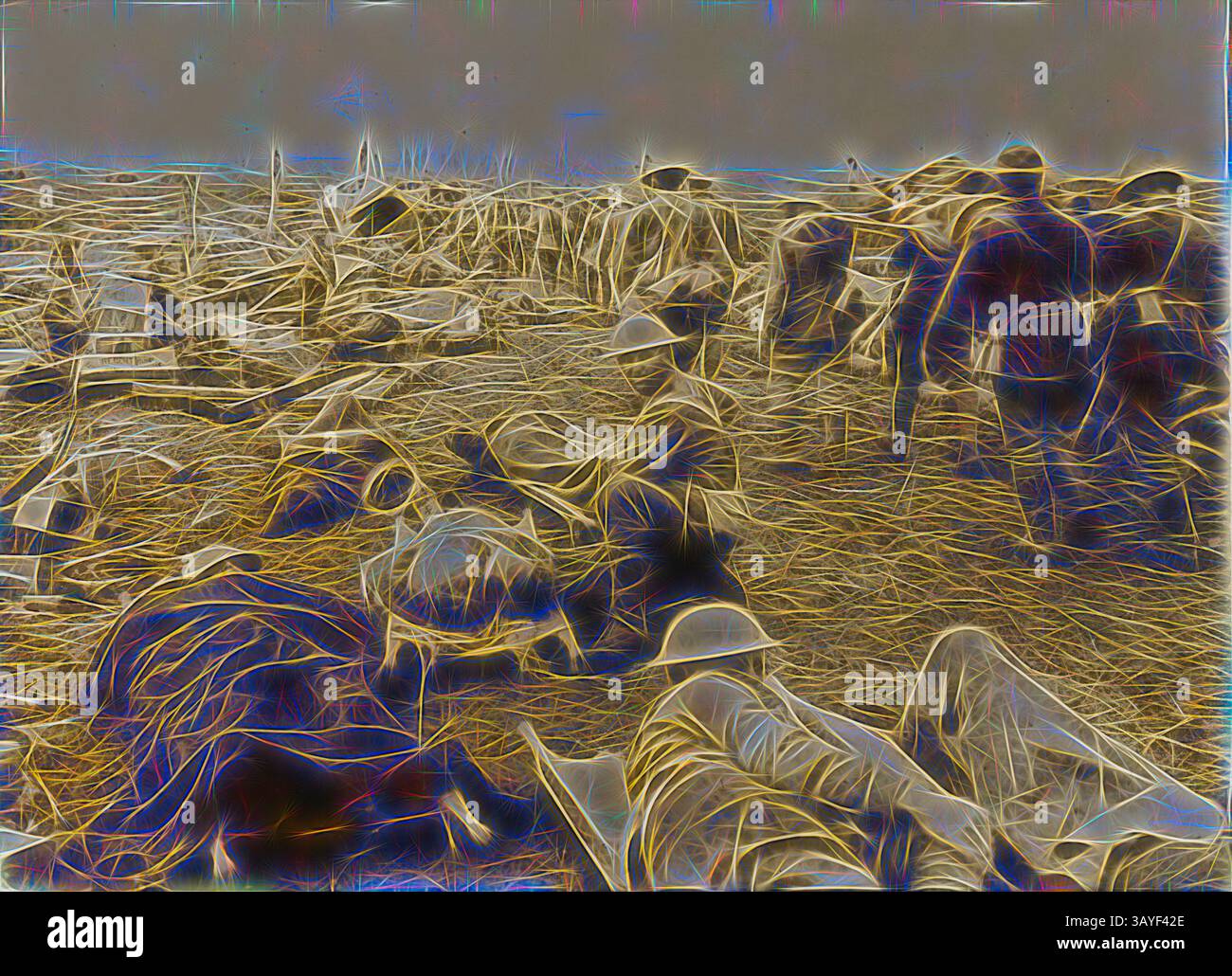 A chaotic battlefield scene, filled with soldiers tending to the ...