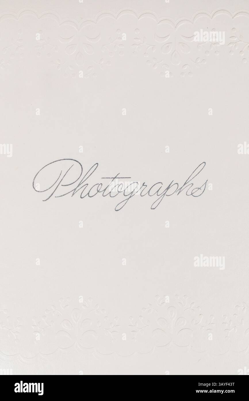 wedding album cover with script, cursive writing "photographs Stock ...