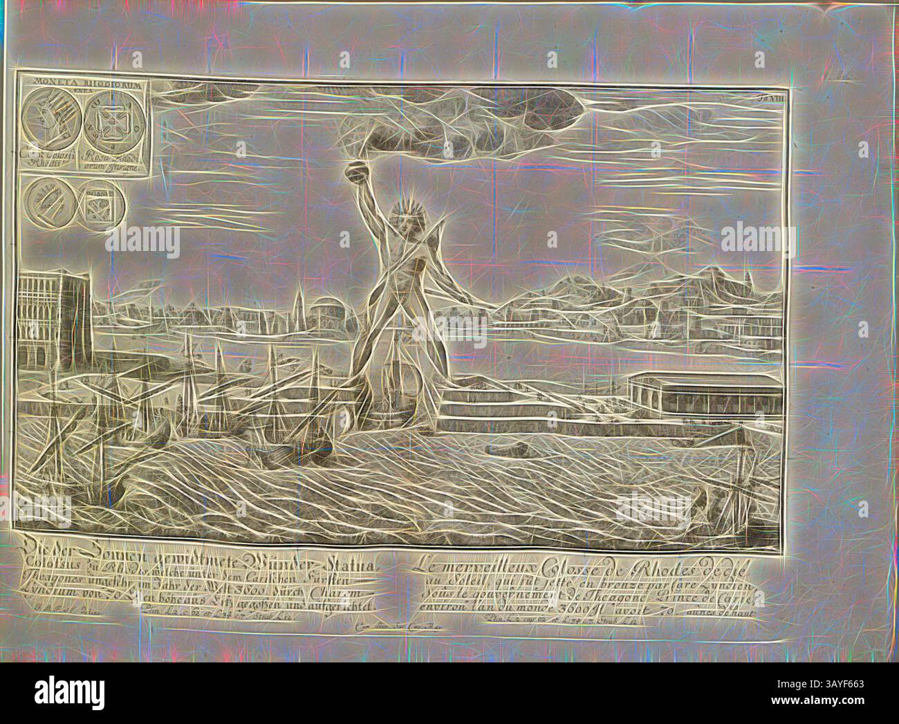 A stylized depiction of a colossal statue, draped in flowing robes ...