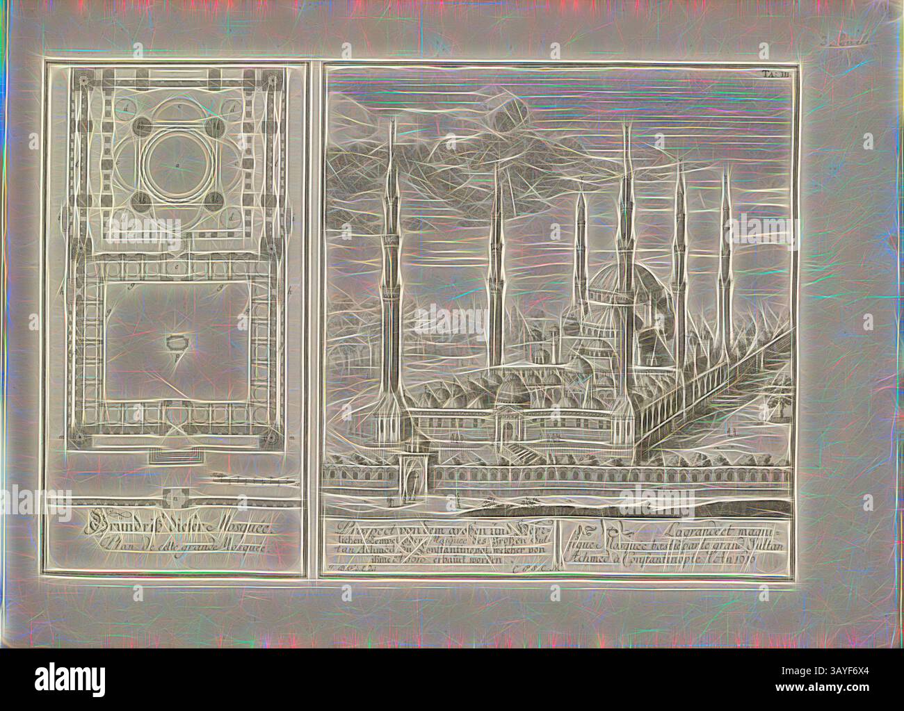 A detailed architectural illustration showcasing a grand mosque with ...