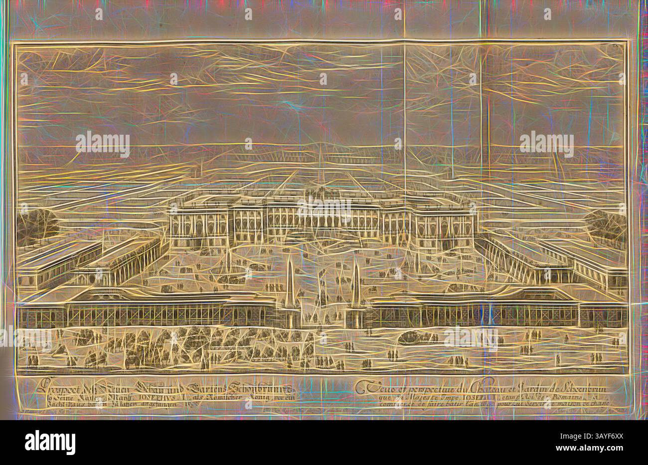 An intricately detailed historical depiction of a grand palace complex ...