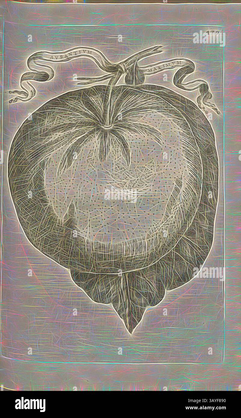 An intricately detailed illustration of a spherical fruit, resembling a ...