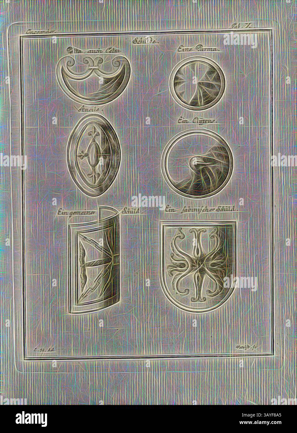 An intricate illustration featuring various decorative shield designs ...