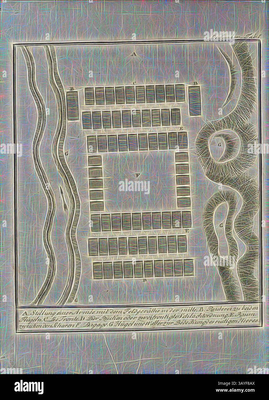A plan depicting an organized settlement layout, featuring a grid of ...