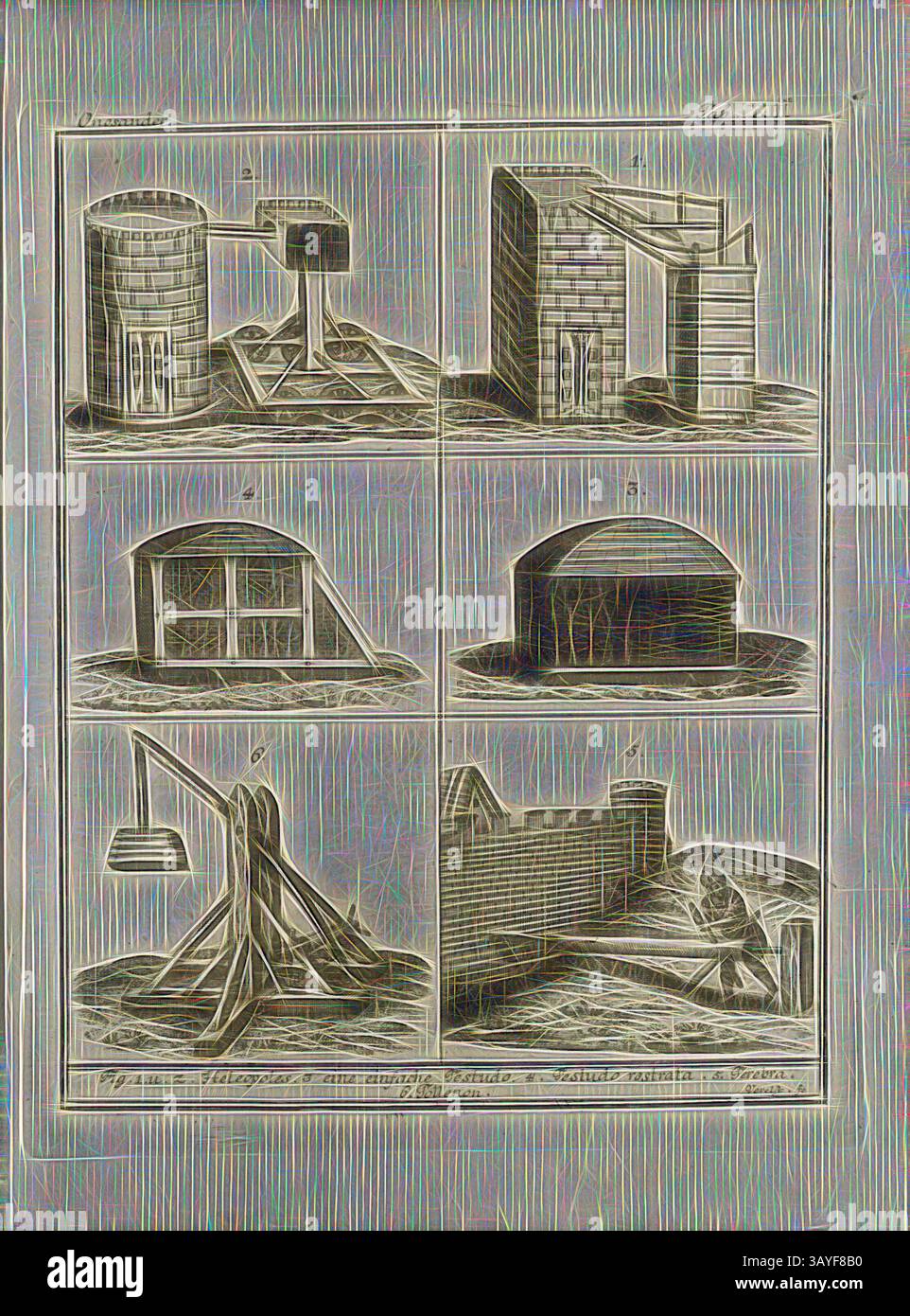 A detailed illustration showing various historical siege engines and ...