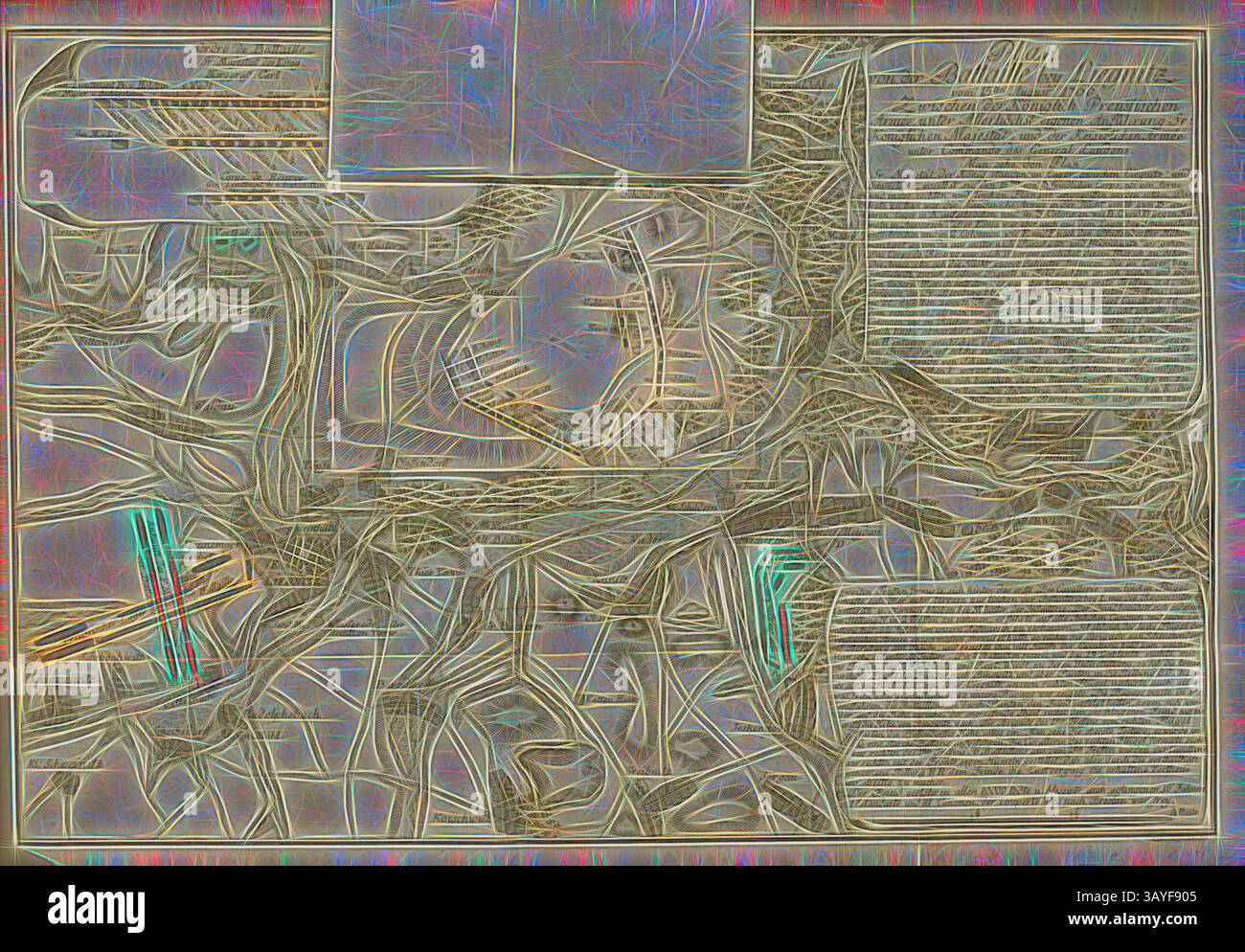A complex, abstract representation of a map or schematic, featuring ...