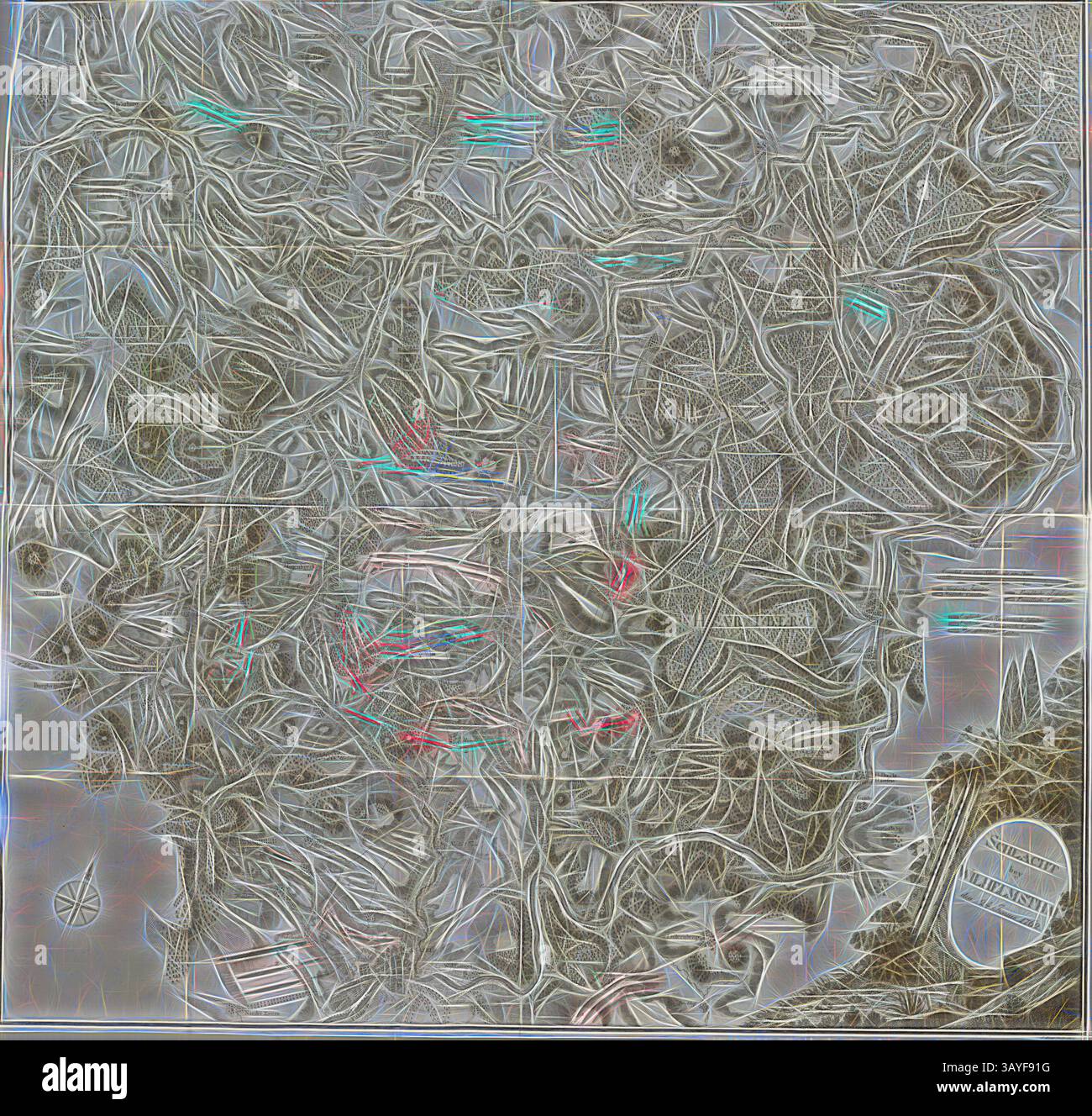 A complex and abstract representation filled with intricate lines and ...