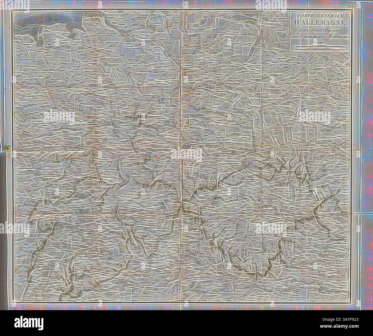 A weathered map depicting a detailed landscape with distinct lines and ...