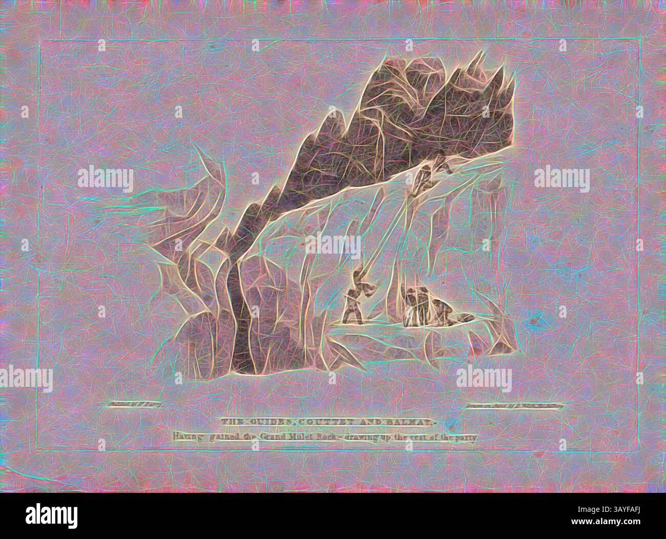 A dramatic landscape featuring rugged mountains with jagged peaks ...