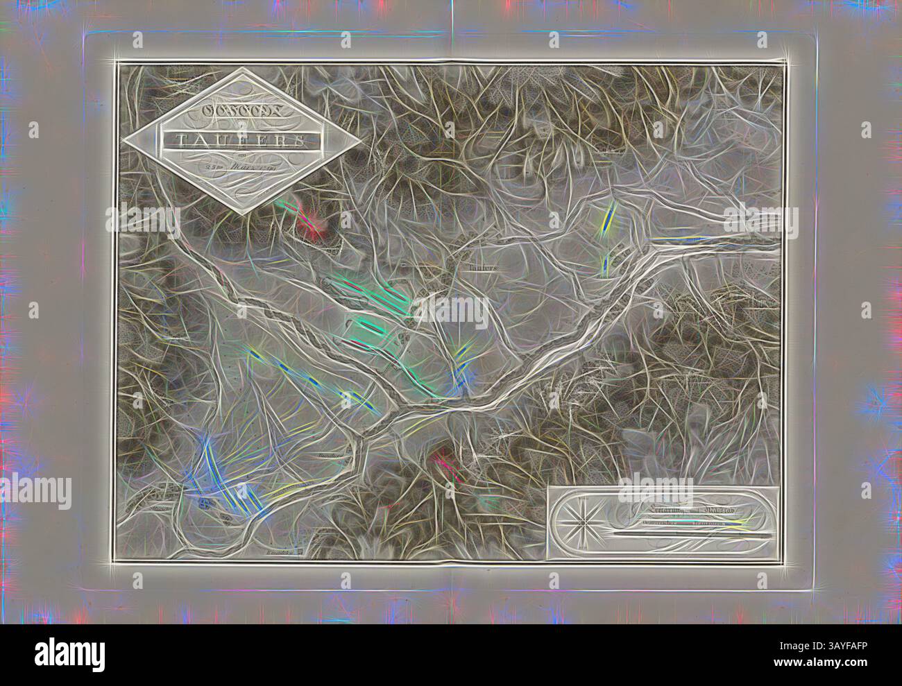 A detailed map featuring intricate line work that outlines terrain and ...