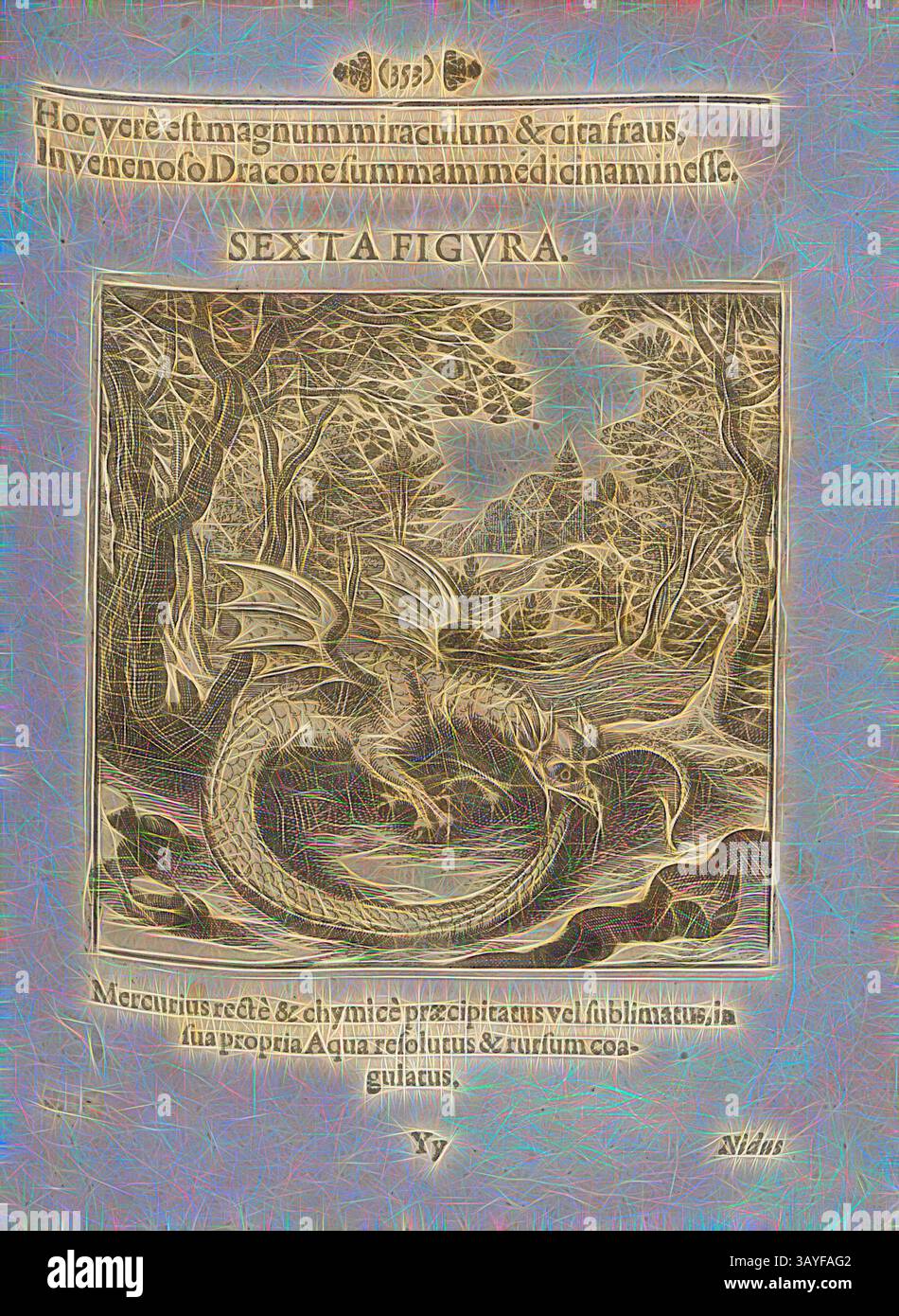 A mythical dragon coils protectively around a treasure within a lush ...