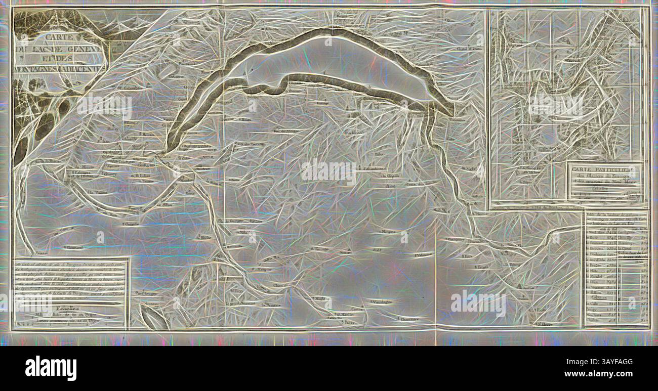 A detailed historical map showcasing a lake and its surrounding terrain ...