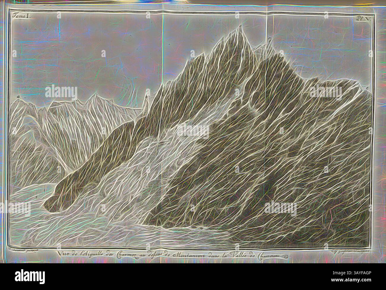 A dramatic mountain landscape featuring jagged peaks and sweeping lines ...