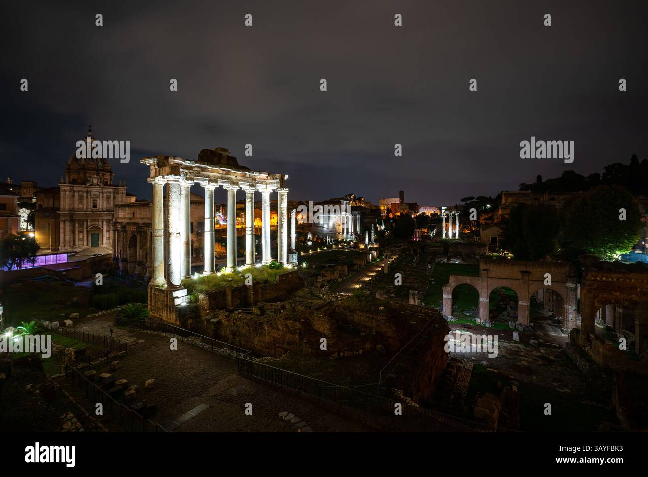Roman Forum at Night: Illuminated Ancient Ruins in Rome, Italy Stock ...