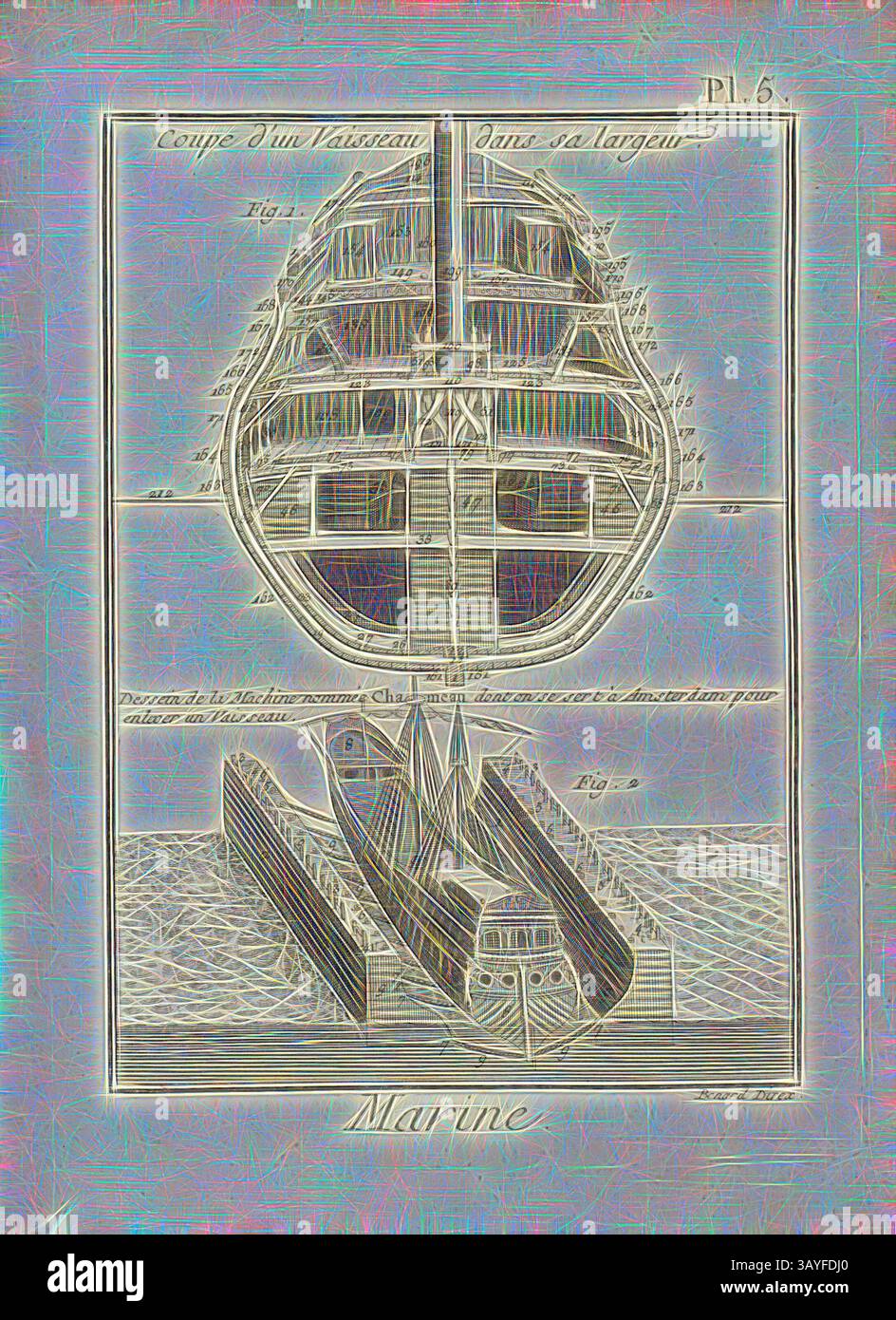 An intricate illustration of a ship's cross-section, detailing various ...