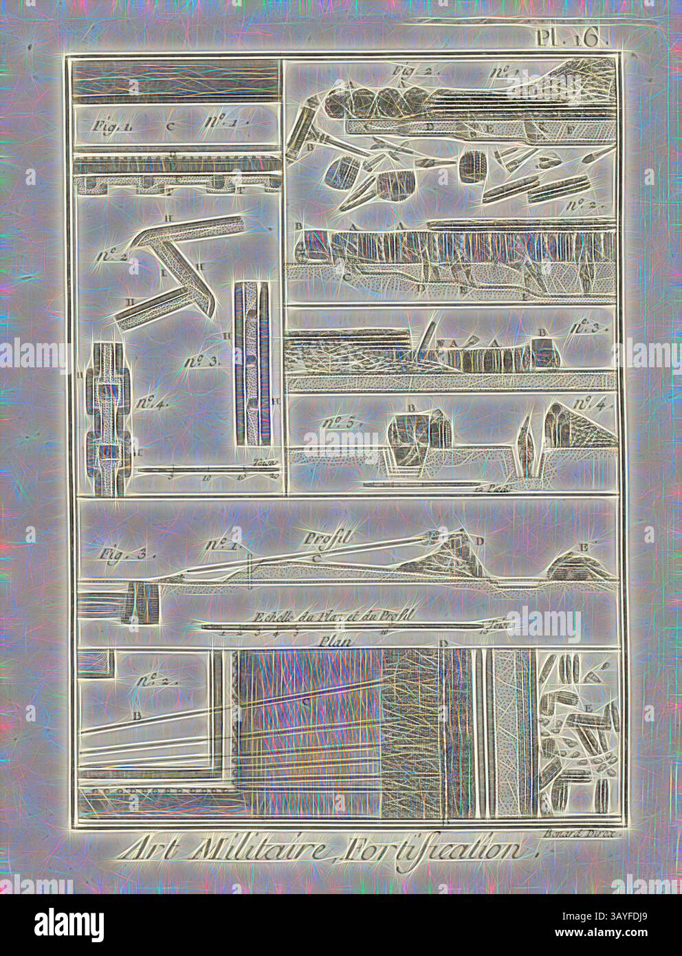A detailed illustration of military fortifications, featuring various ...