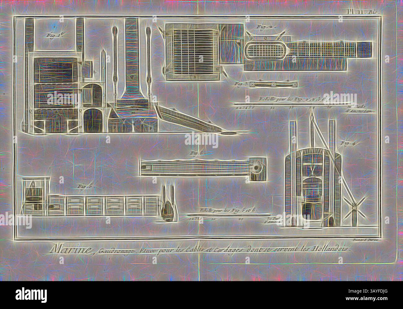 A detailed architectural blueprint featuring various marine structures ...