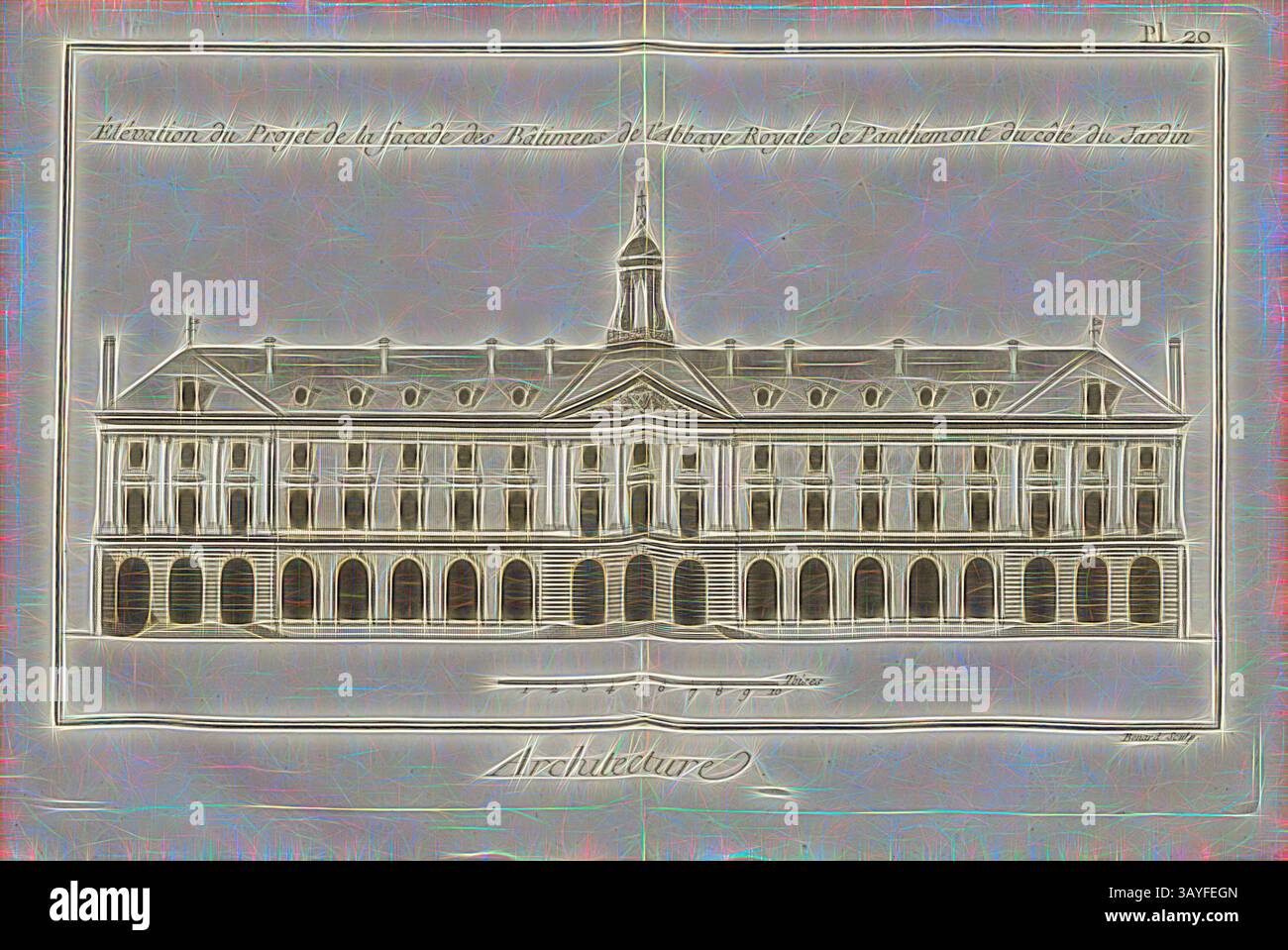 An architectural illustration depicting a grand building design ...