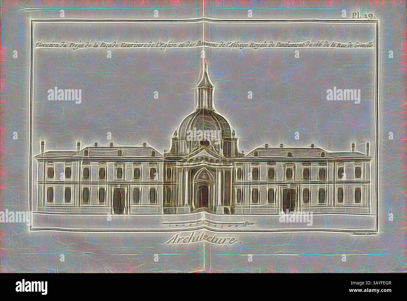 An elegant architectural illustration featuring a grand building with a ...