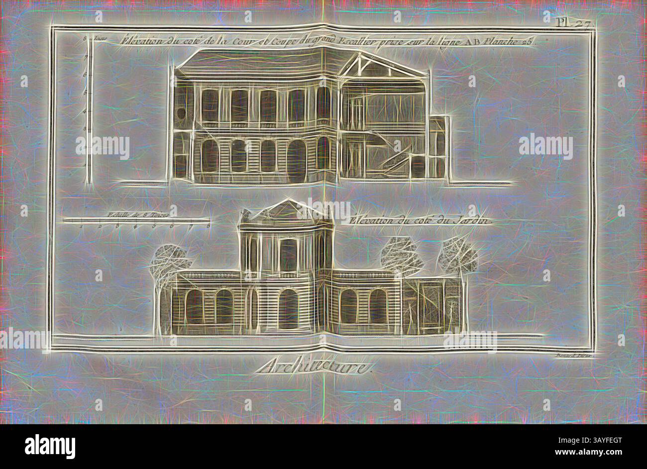 A detailed architectural drawing featuring two distinct structures ...