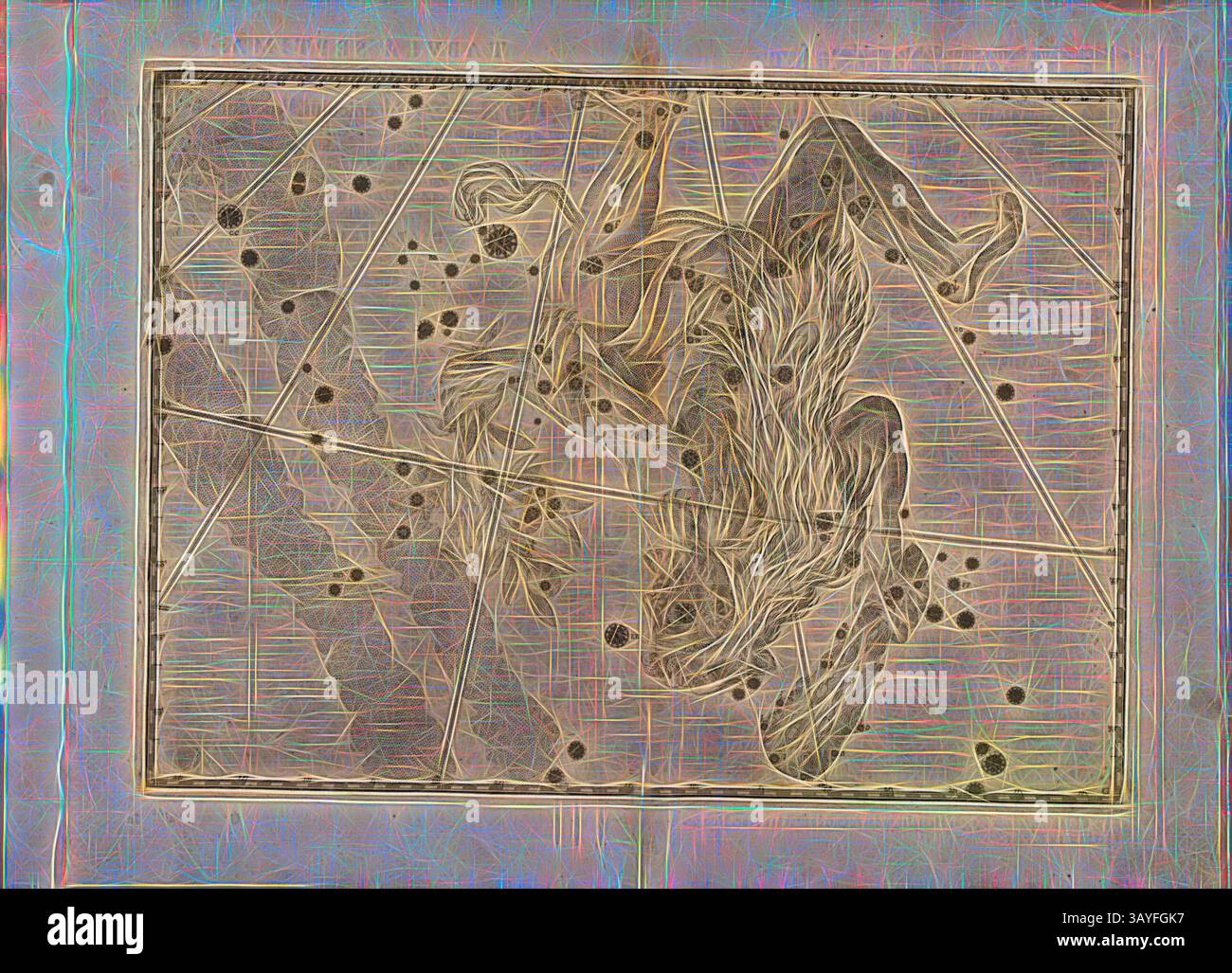 A surreal depiction of a figure entangled in a web of lines and shapes ...