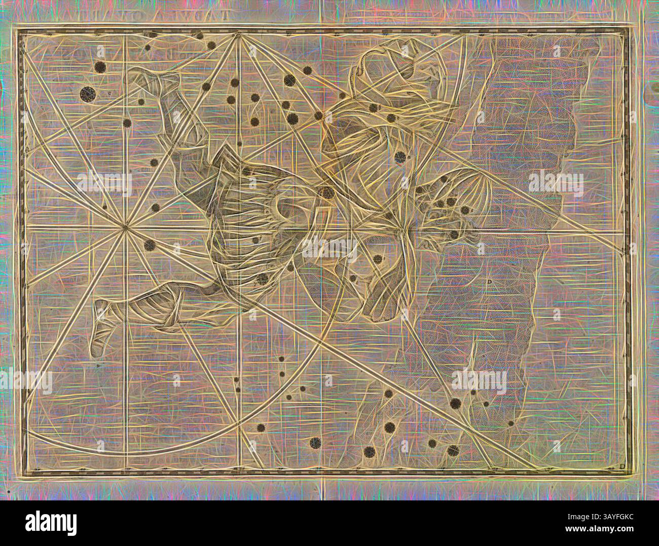An intricate depiction of a celestial map, featuring a figure in motion ...