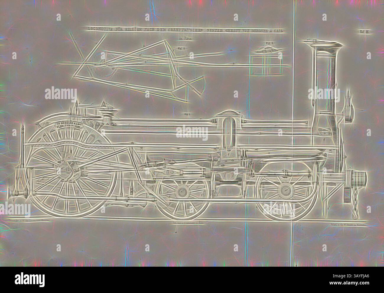 A detailed technical drawing of a vintage steam locomotive, showcasing ...