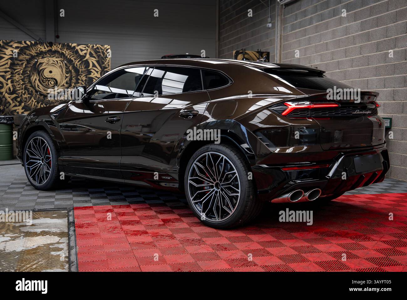 Dark Brown Lamborghini Urus on Red and Black Checkered Floor Indoors ...