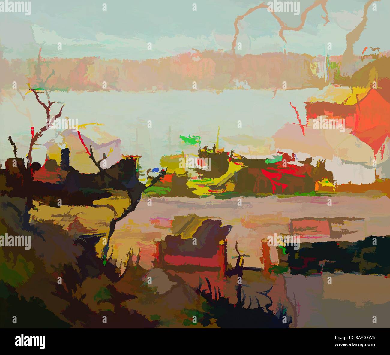 A vibrant landscape featuring abstract shapes and colors that blend ...