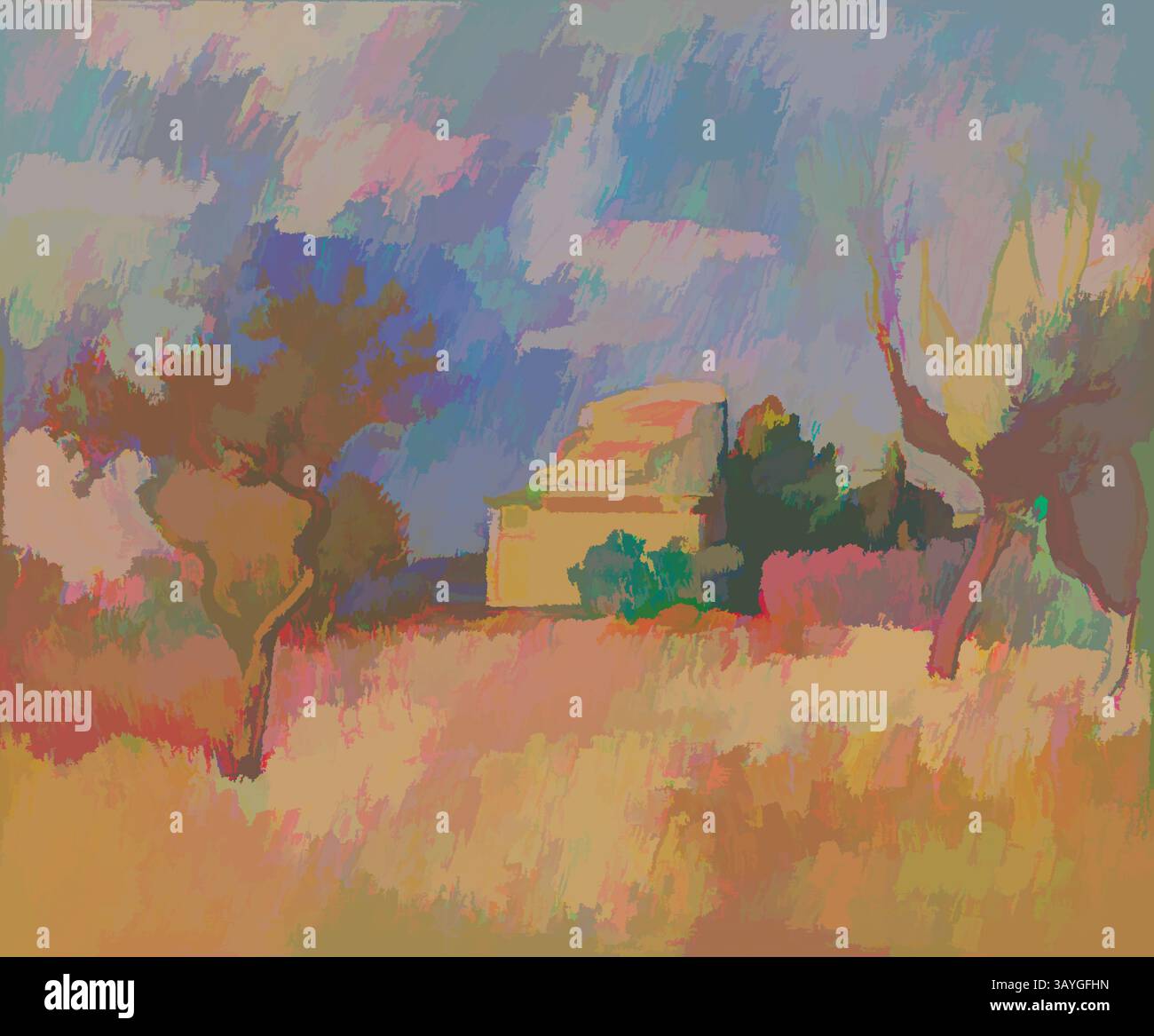 A vibrant landscape featuring a distant structure surrounded by ...