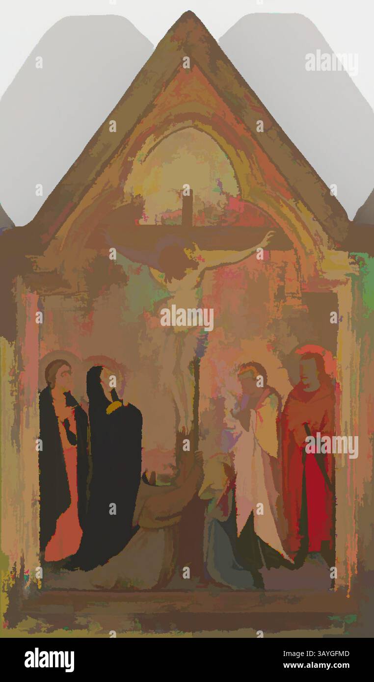 A depiction of a religious scene with figures gathered around a central ...