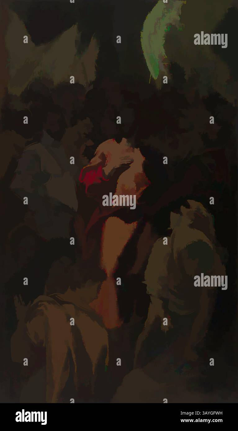 A scene depicting a dramatic moment with figures shrouded in shadow ...